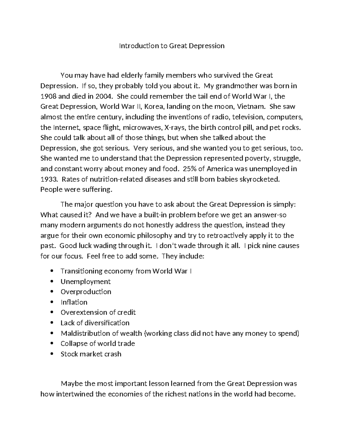 Introduction to the Great Depression: Causes and Impacts - Studocu