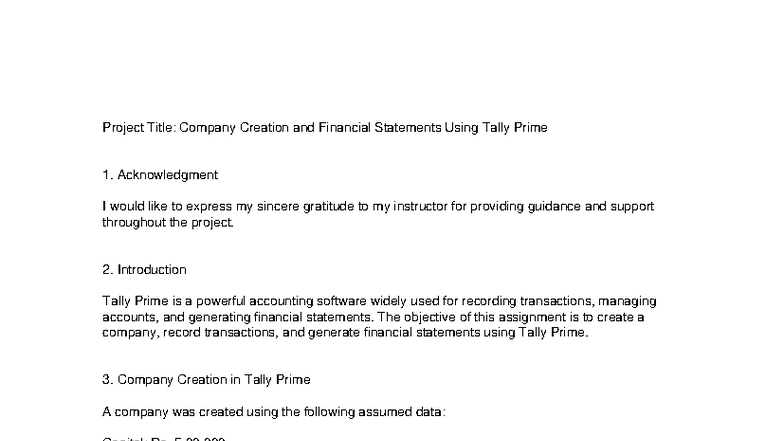 Tally Project Report: Company Creation & Financial Statements - Studocu