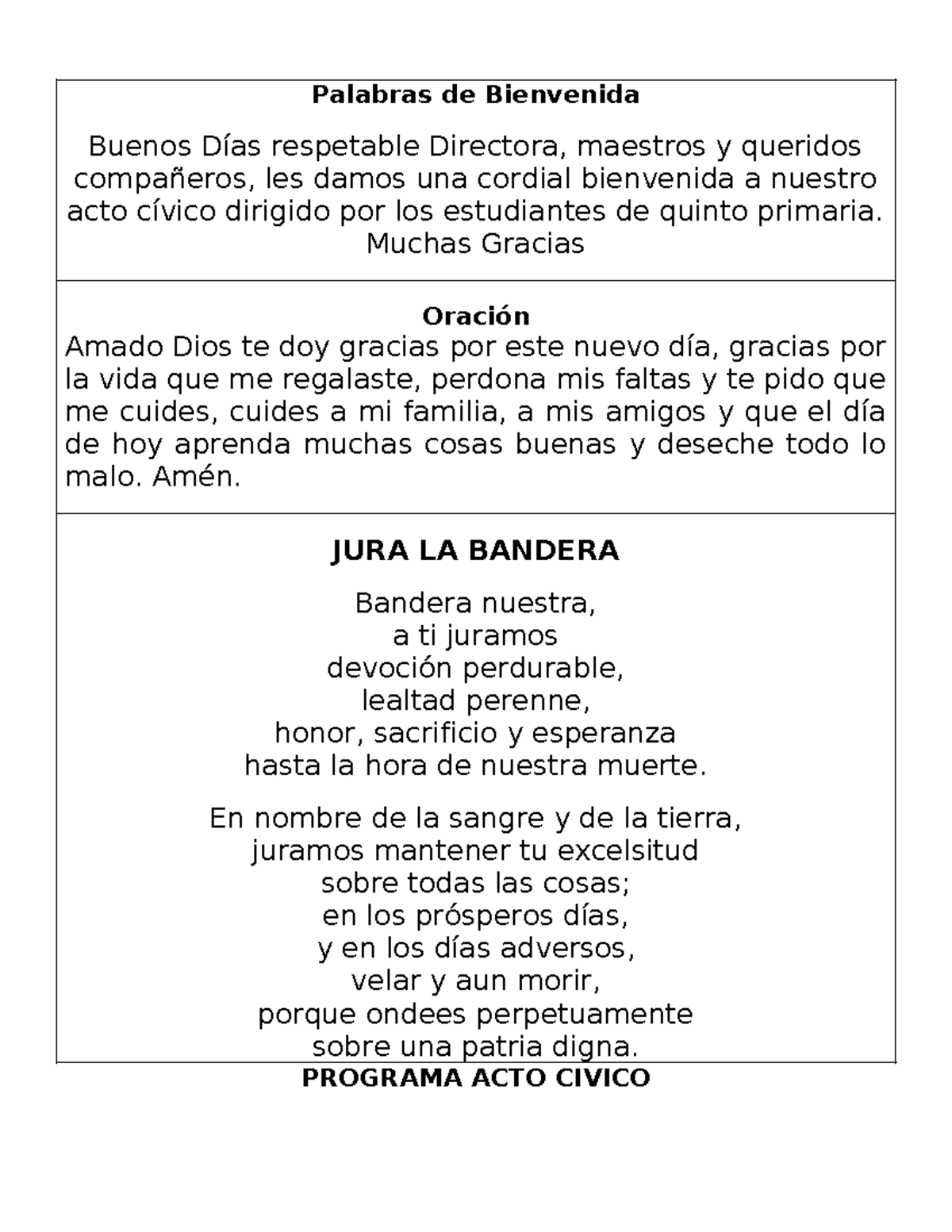 Programa de Acto Cívico - Quinto Primaria - Studocu