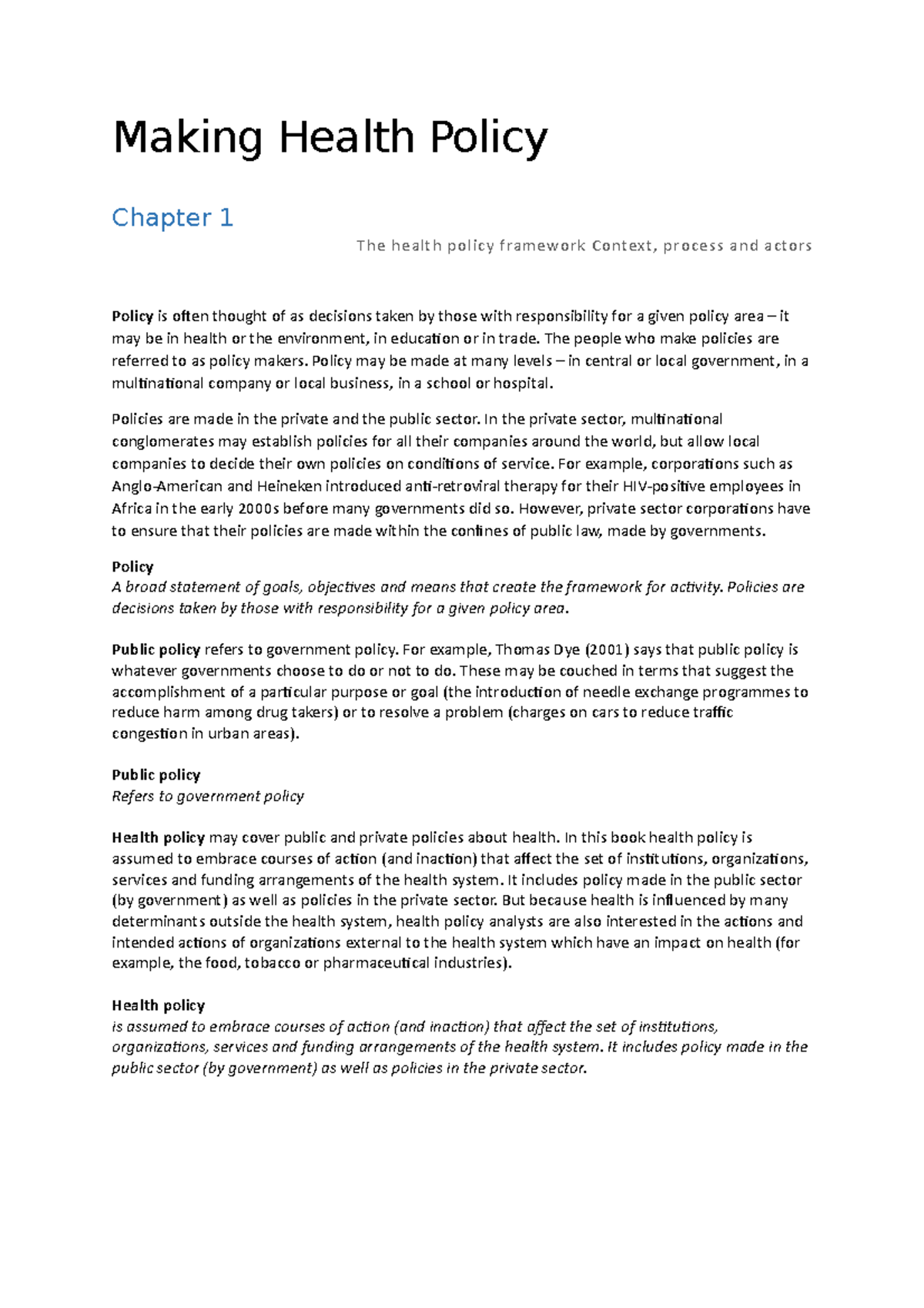 Making Health Policy: Chapter 1 Overview and Key Concepts - Studeersnel