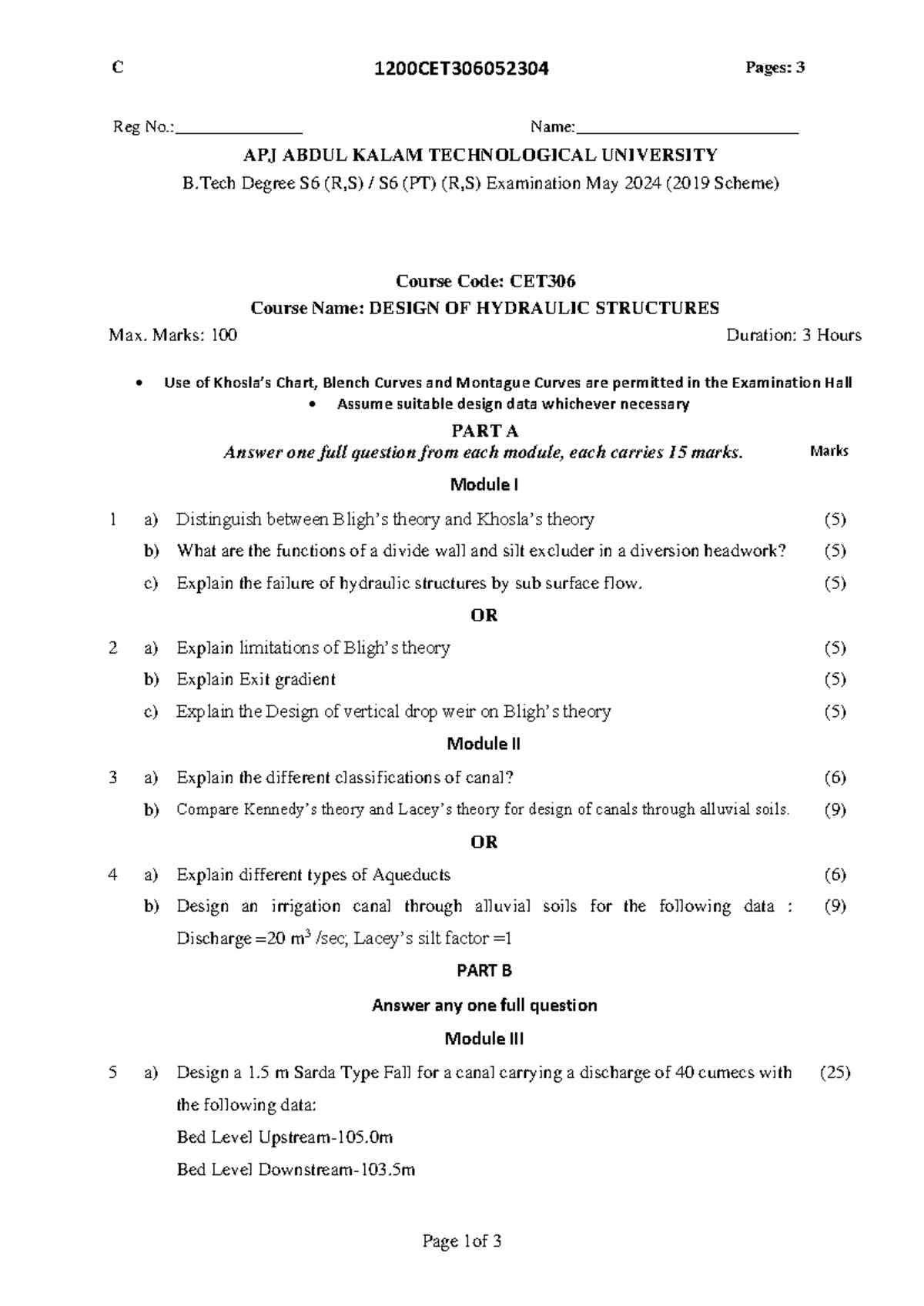 CET306 May 2024 - Design of Hydraulic Structures QP - Studocu