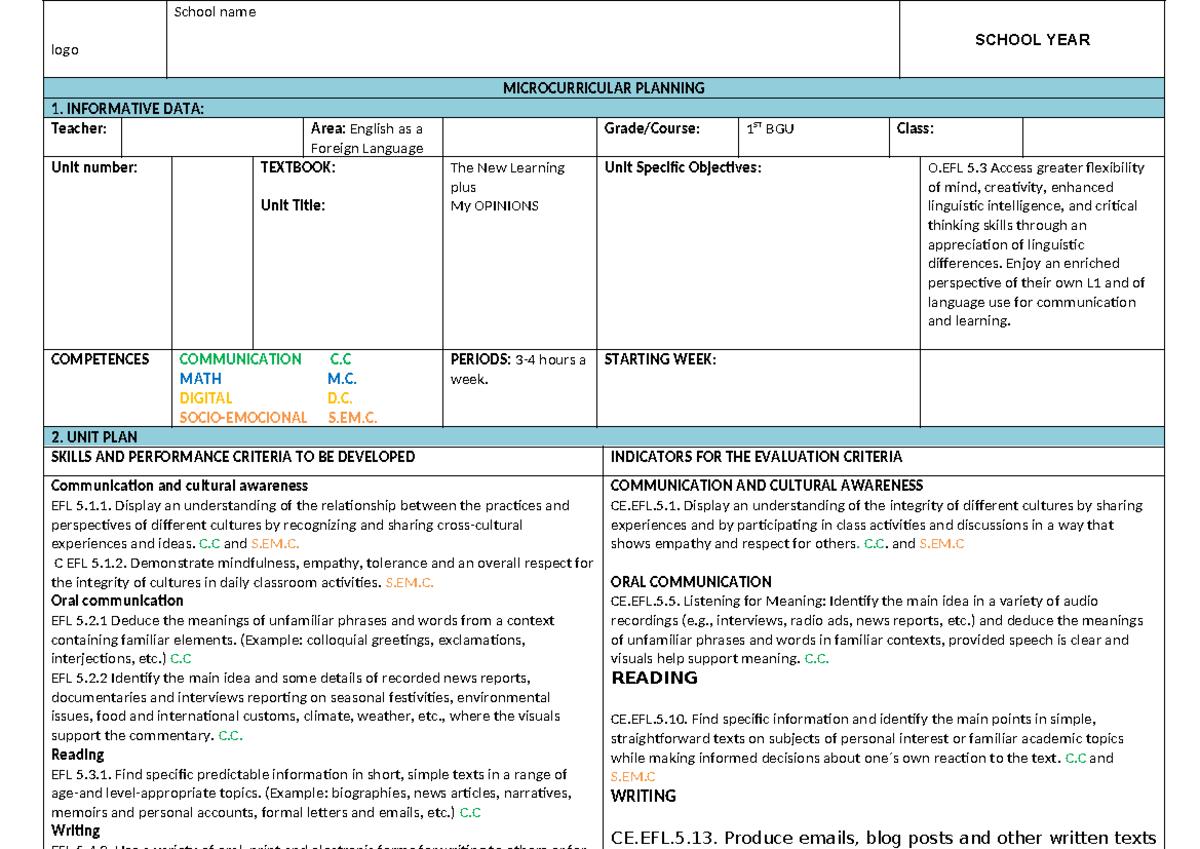 Unit 3 Microcurricular Planning for EFL - 1st BGU - Studocu