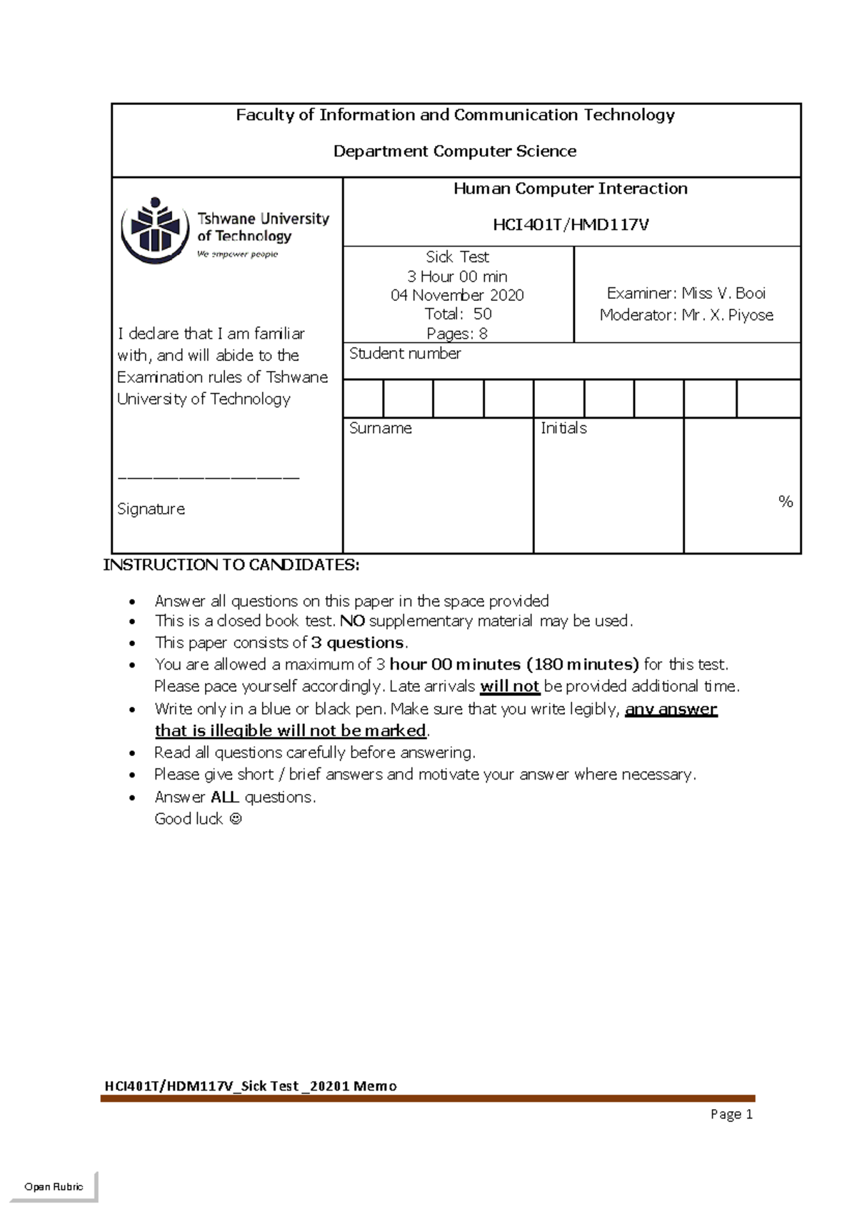 HCI401T/HMD117V Sick Test Memo - November 2020 Analysis - Studocu