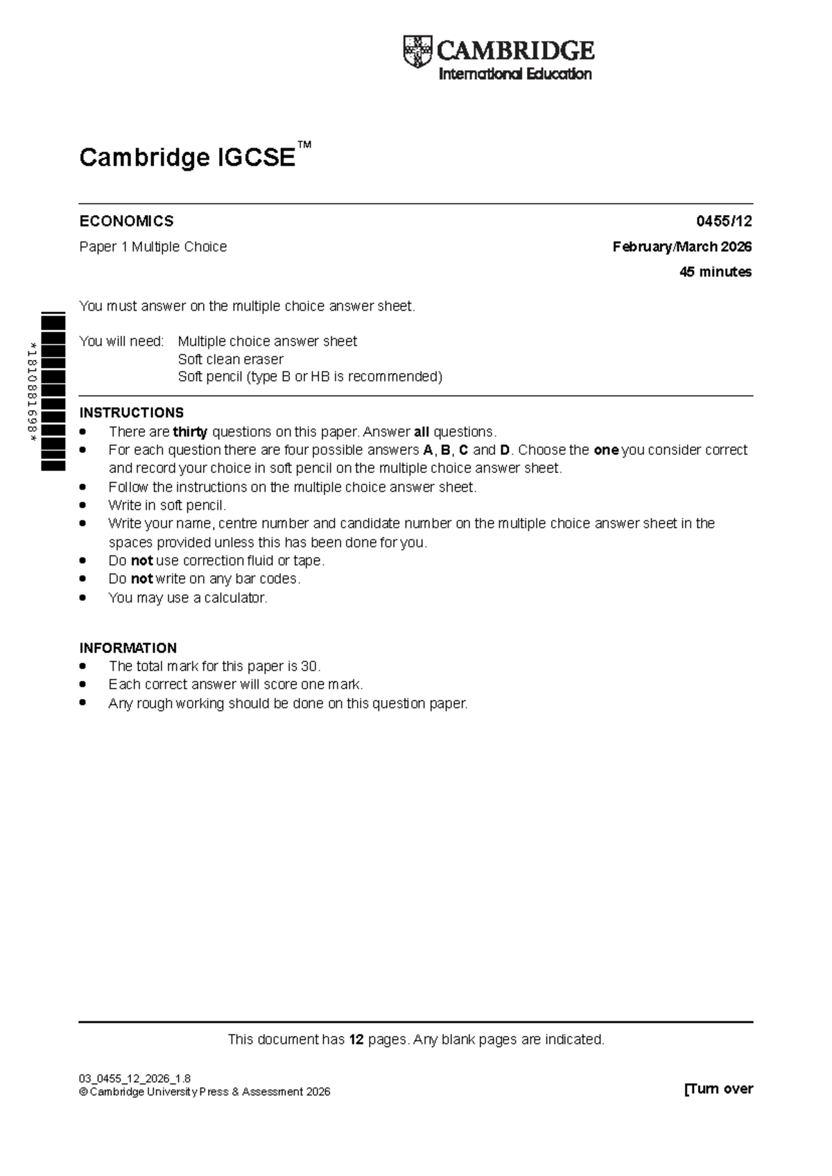 Cambridge IGCSE ECONOMICS Paper 1 MCQ 2026 - 45 Minutes Exam Guide ...