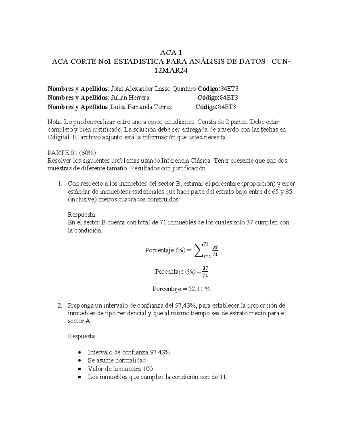 Estadística para Análisis de Datos - ACA 1 - Examen Final 2023 - Studocu