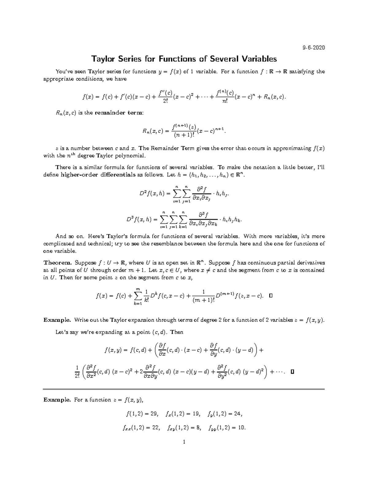Taylor Series for Functions of Several Variables - Math 101 - Studocu