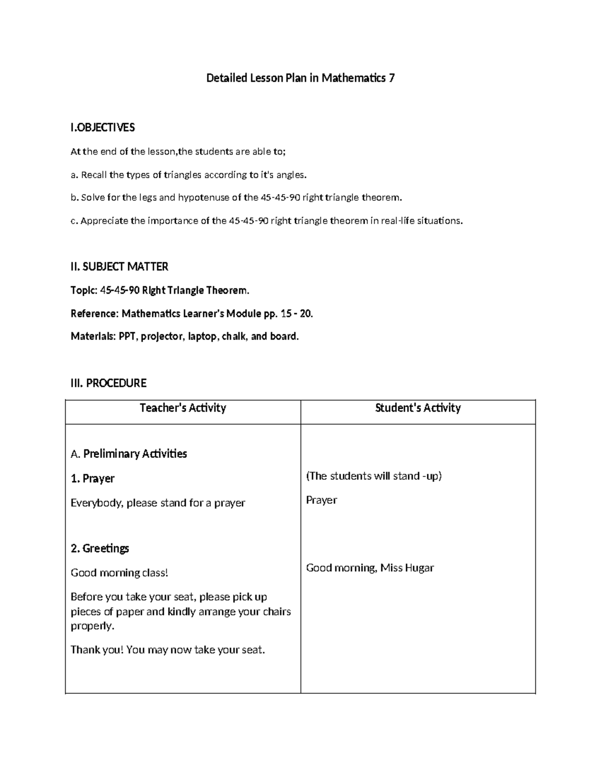 Math 7 Detailed Lesson Plan: Right Triangle Theorem - Studocu