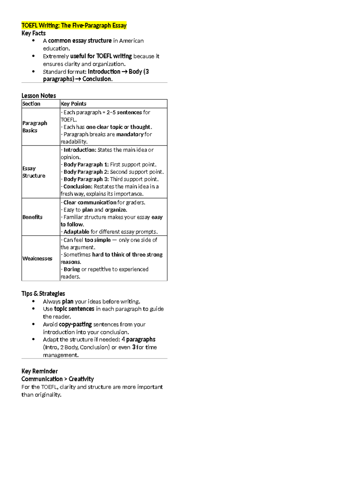 TOEFL Writing: Essential Essay Structure and Key Strategies - Studocu