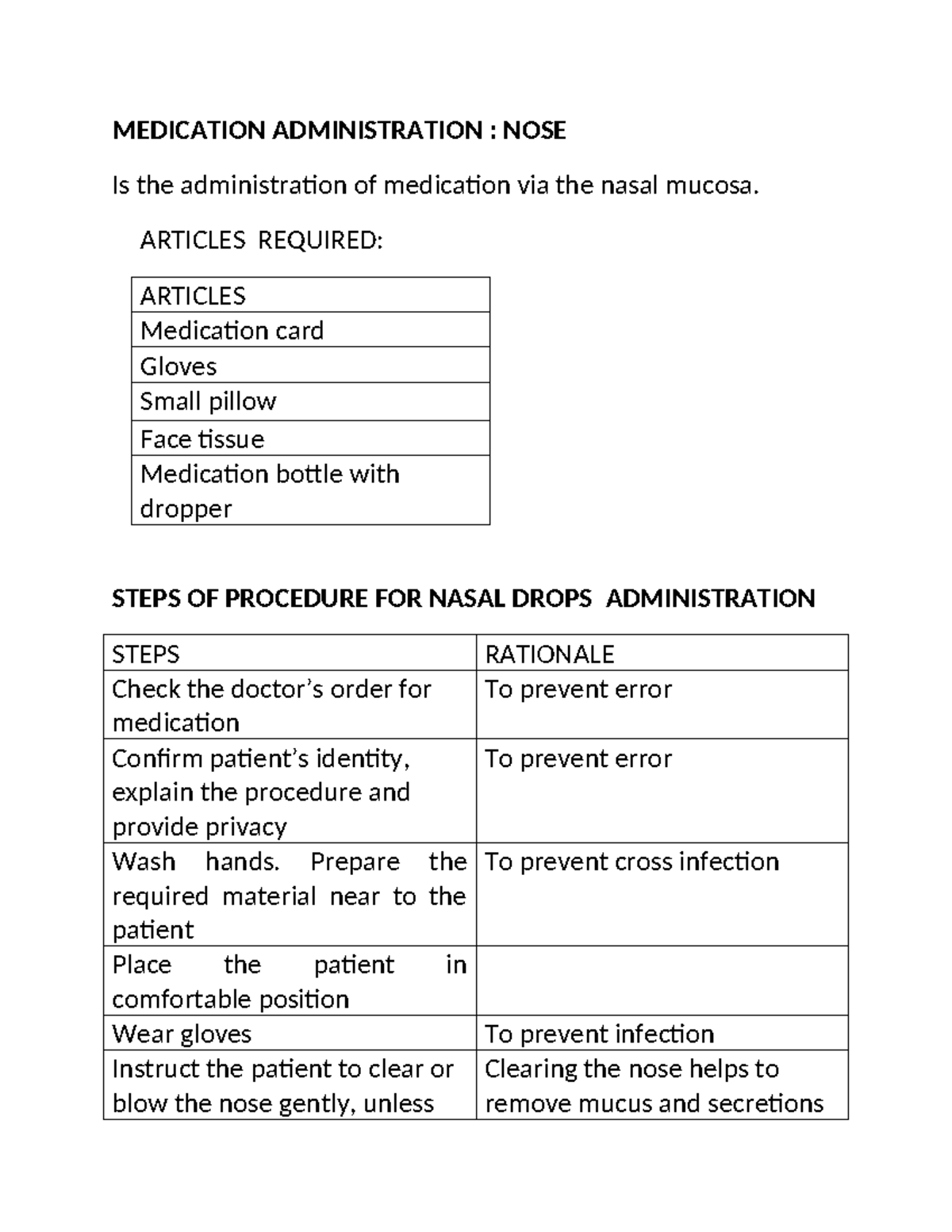 Nursing Procedure: Nasal Instillation Administration Guide - Studocu