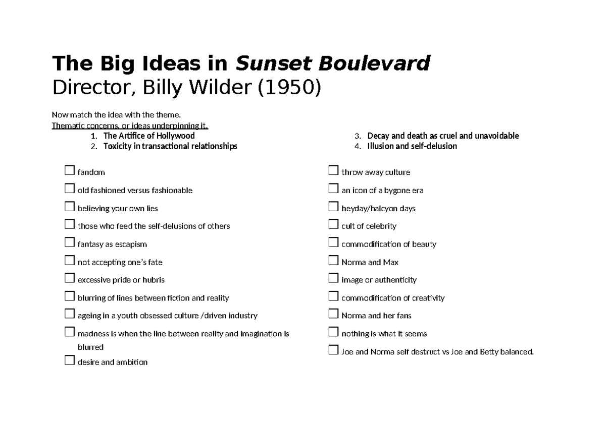 Sunset Boulevard (1950): Themes and Filmic Techniques Analysis - Studocu