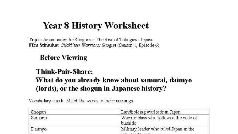 Year 8 History Worksheet: Japan under the Shoguns & Tokugawa Ieyasu ...