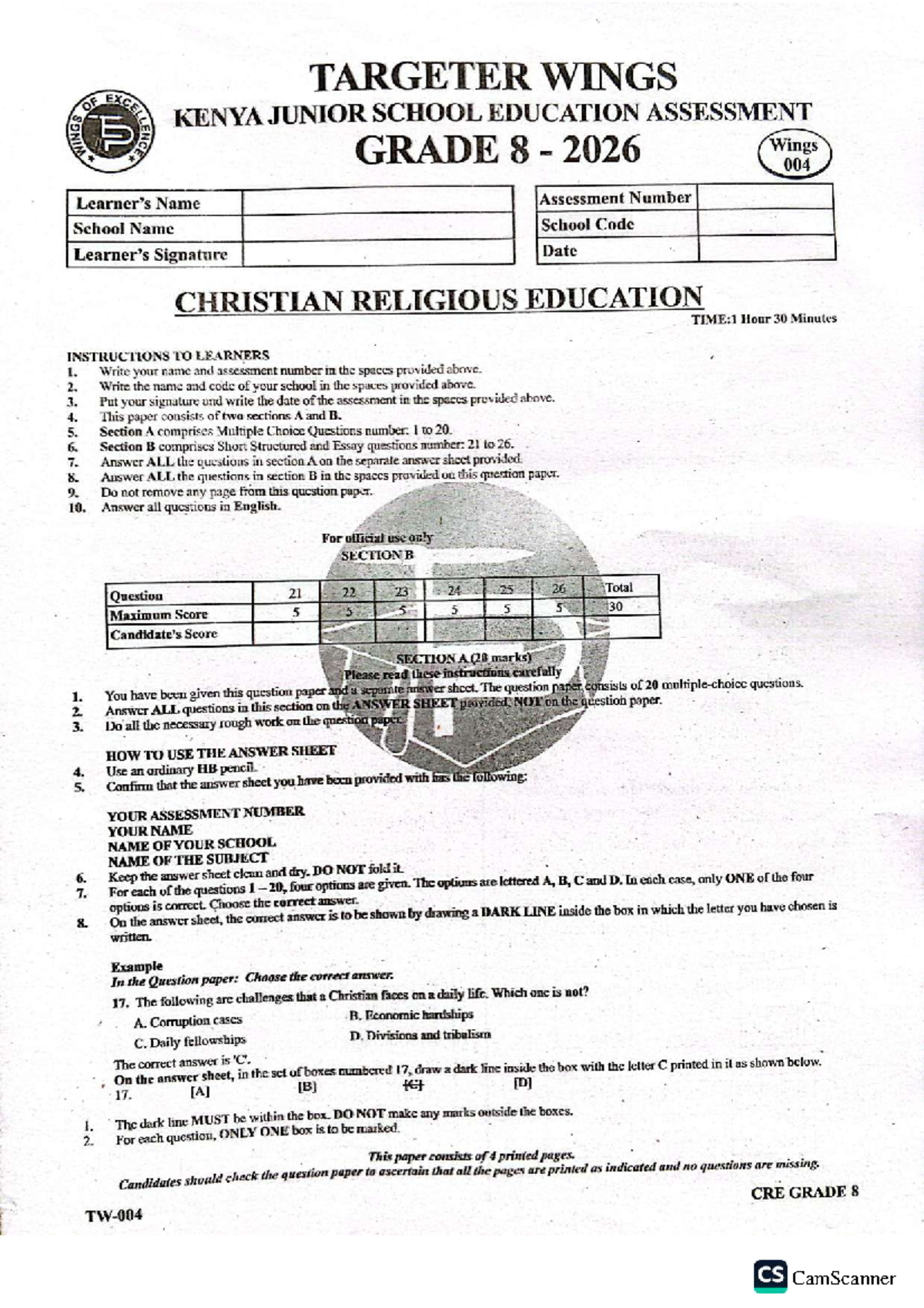 Grade 8 Combined Assessment: CRE, Social Studies, and Mathematics 2026 ...