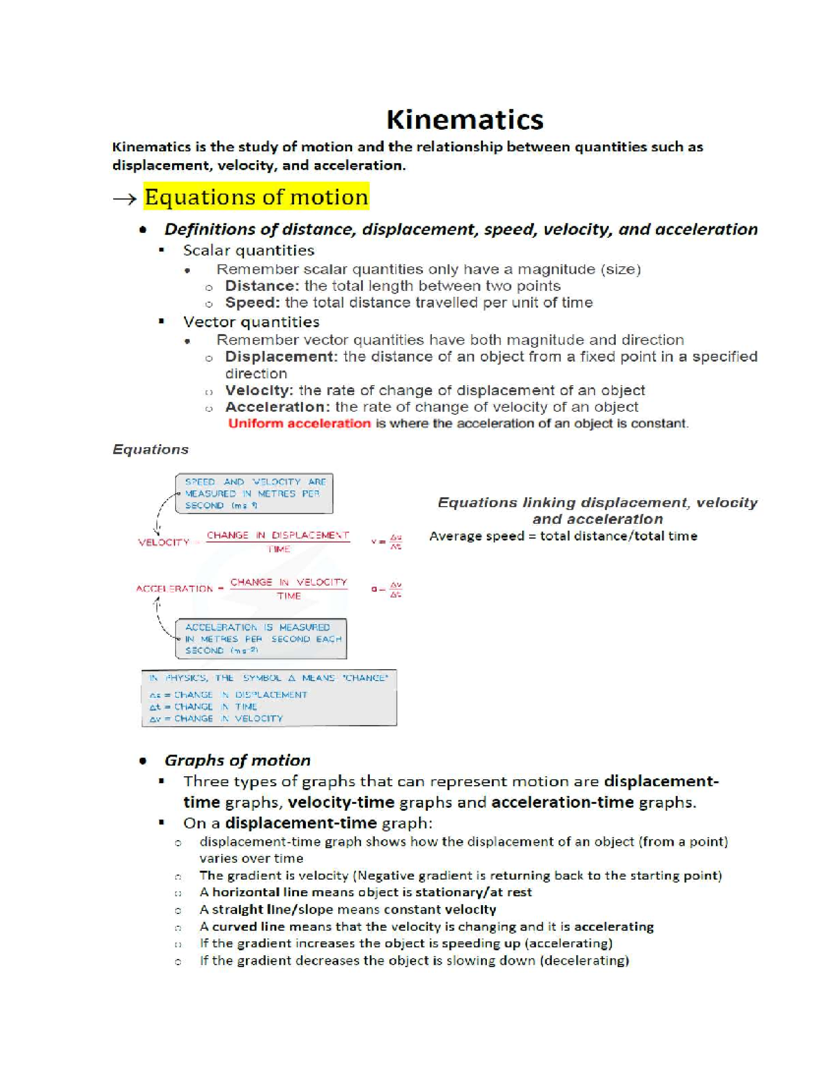 Kinematics Study Notes: Analyzing Motion Graphs and Parabolic ...
