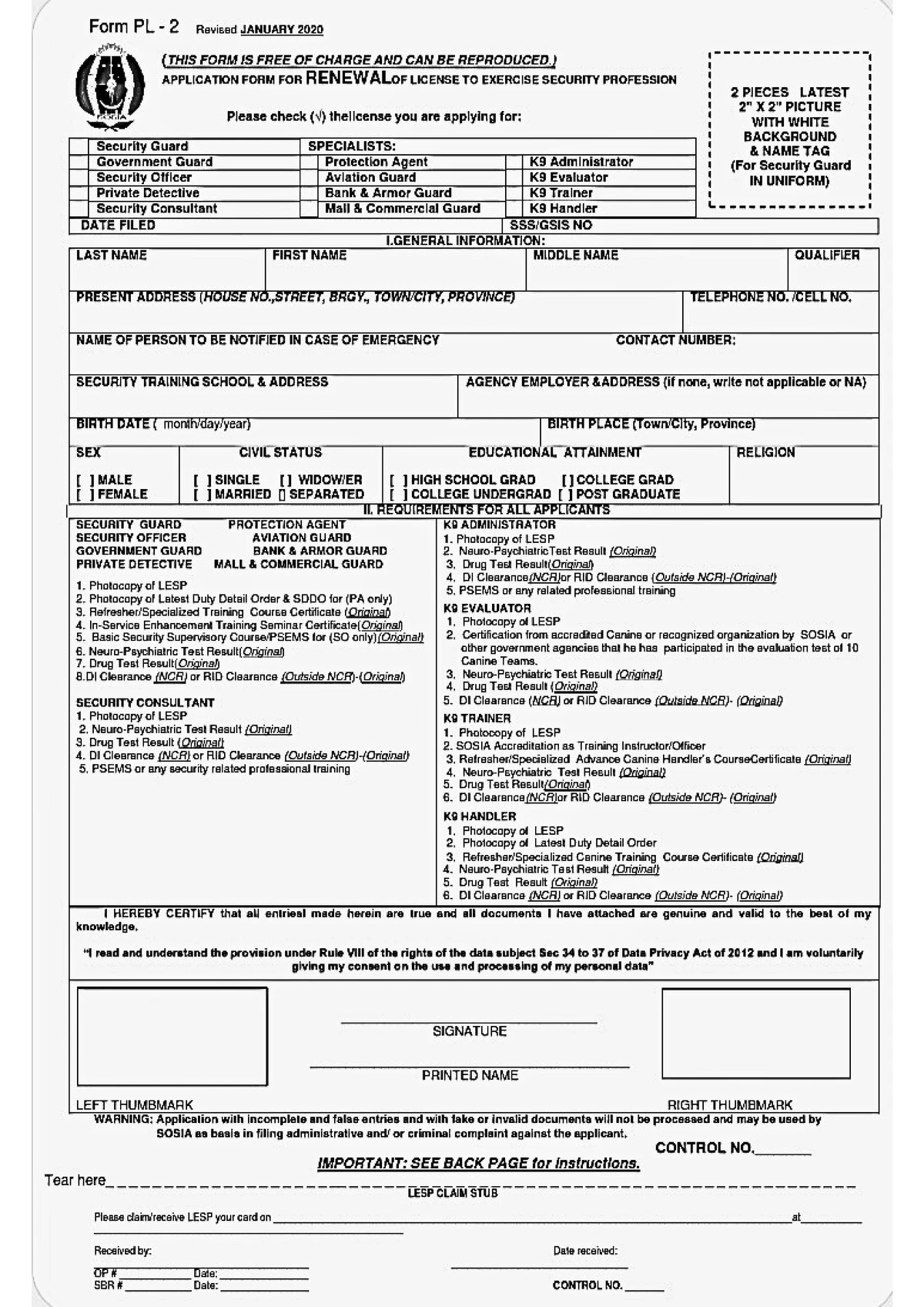 Renewal Application Form for Security Profession License PL 2 - Studocu