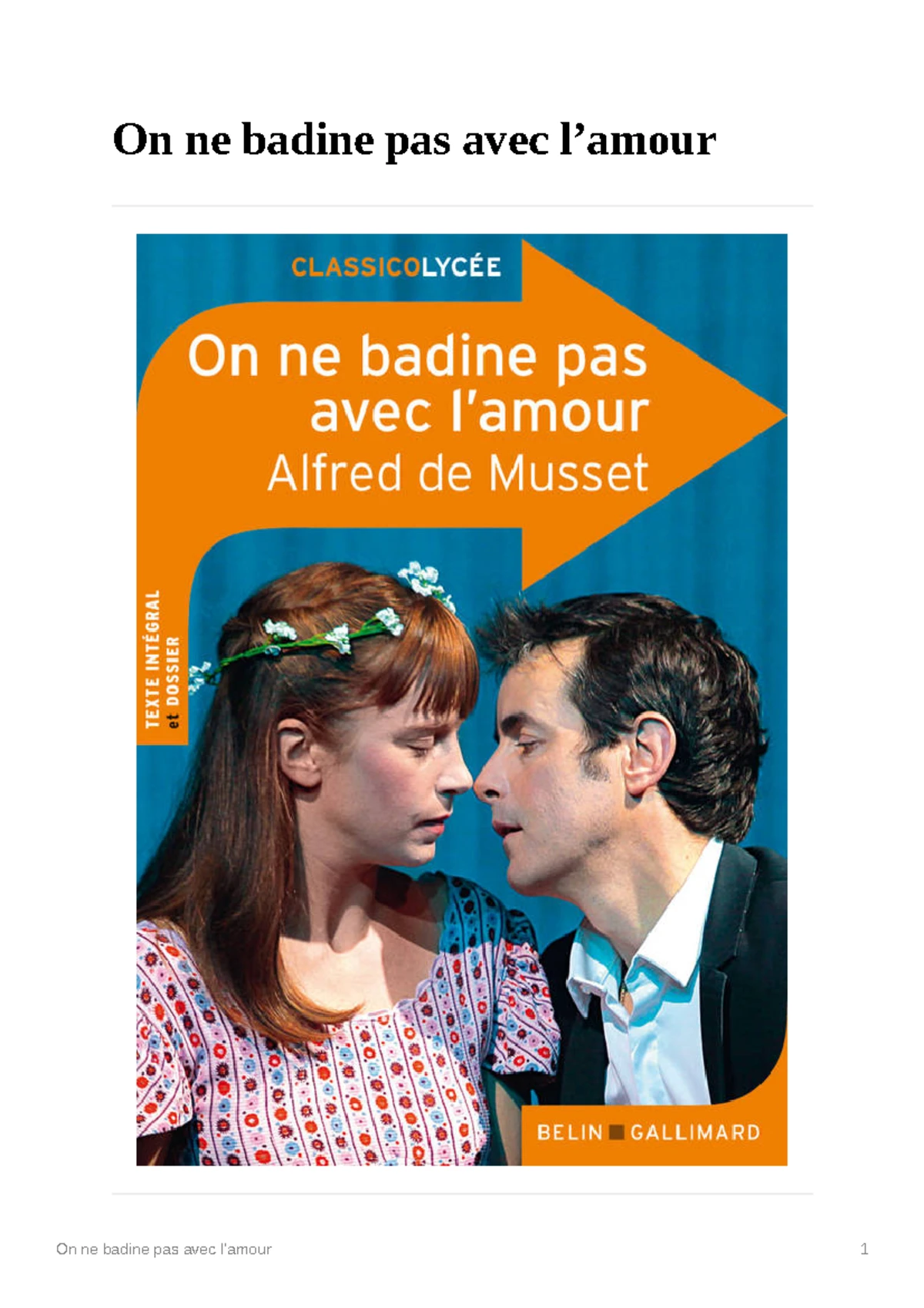 Analyse approfondie de "On ne badine pas avec l'amour" - Studocu