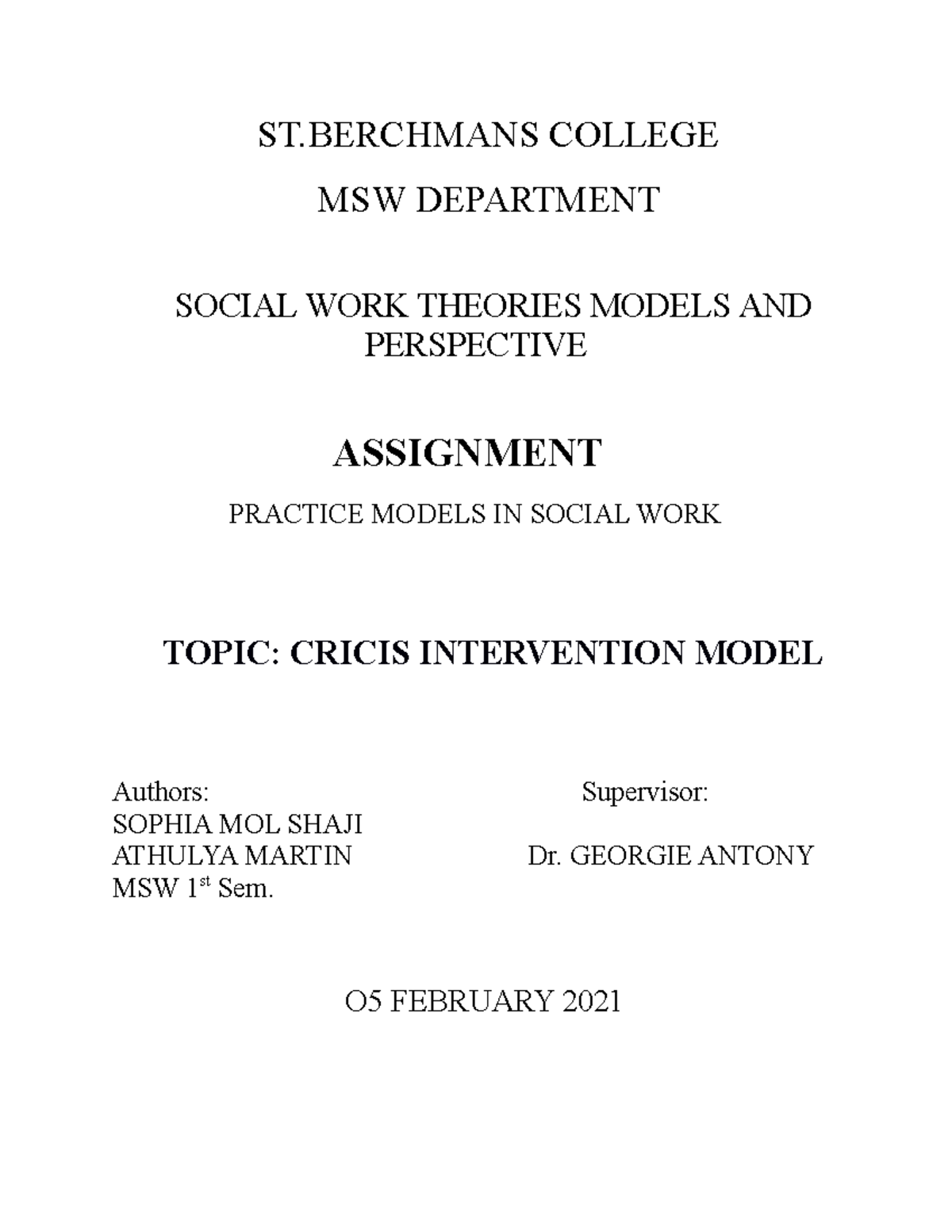 Crisis Intevention Model - ST COLLEGE MSW DEPARTMENT SOCIAL WORK ...