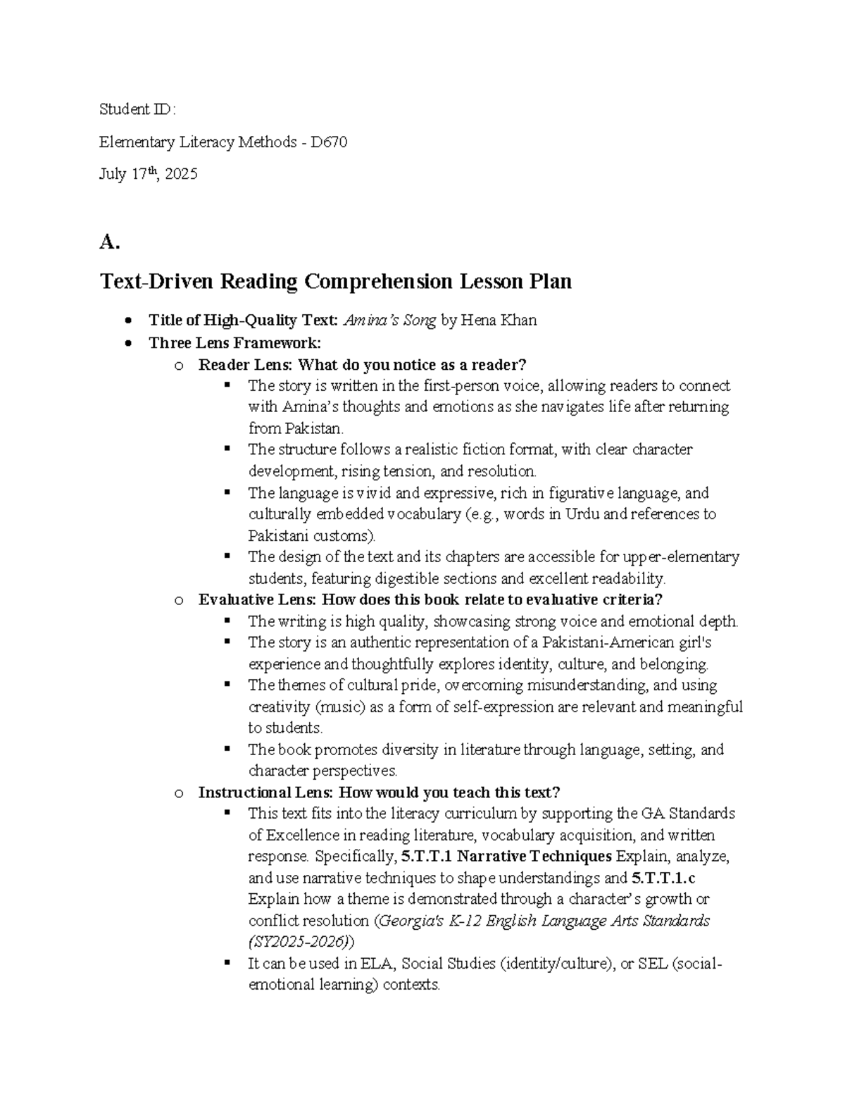 D670: Final Exam Lesson Plan on "Song" by Hena Khan for 5th Grade ELA ...