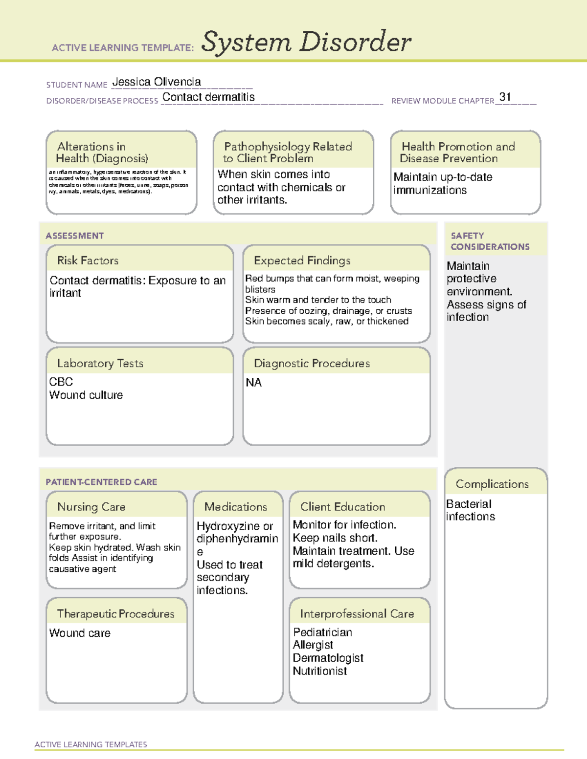 Active Learning Template: Contact Dermatitis - ATI Module - Studocu