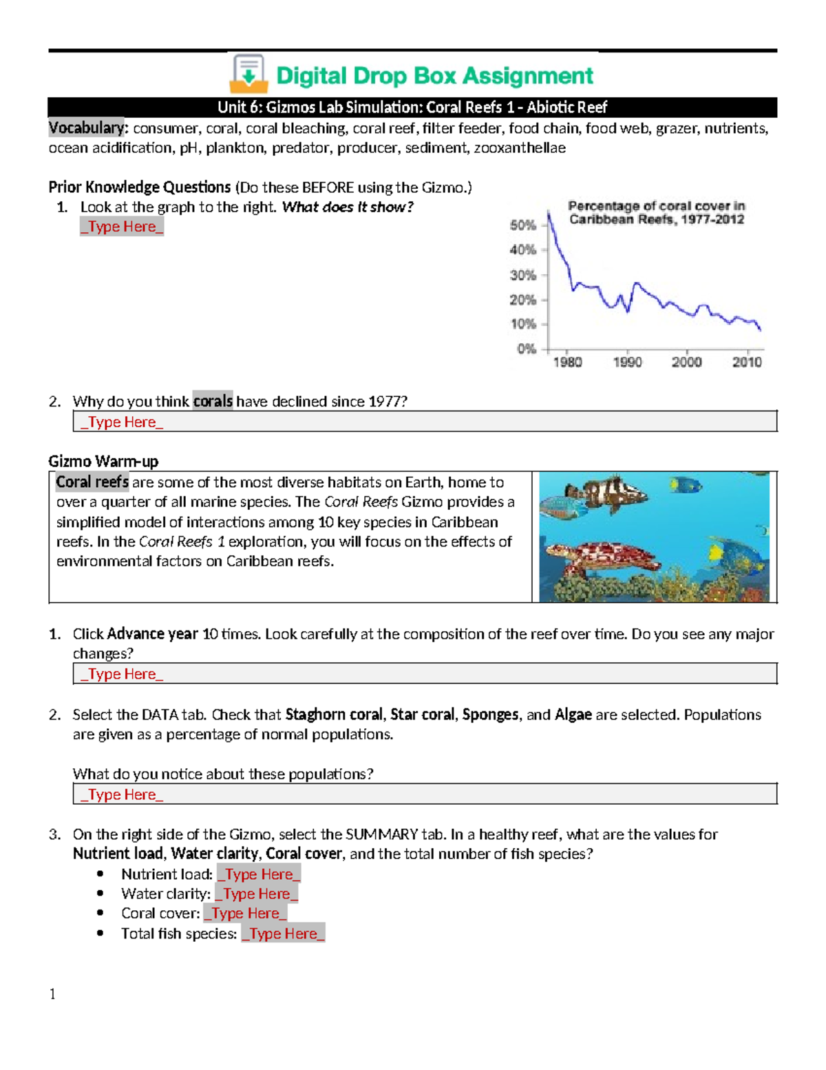 U6 Coral Reef1 - Unit 6: Gizmos Lab Simulation: Coral Reefs 1 - Abiotic ...