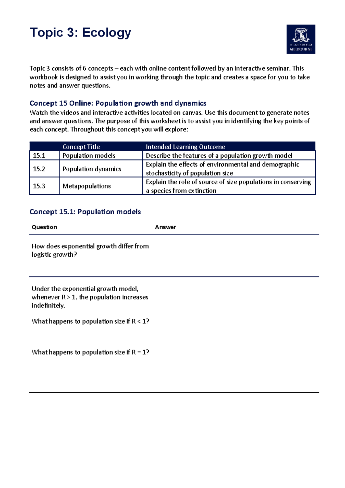 Topic 3 Workbook Week 8 - worksheet week 8 - Topic 3: Ecology Topic 3 ...