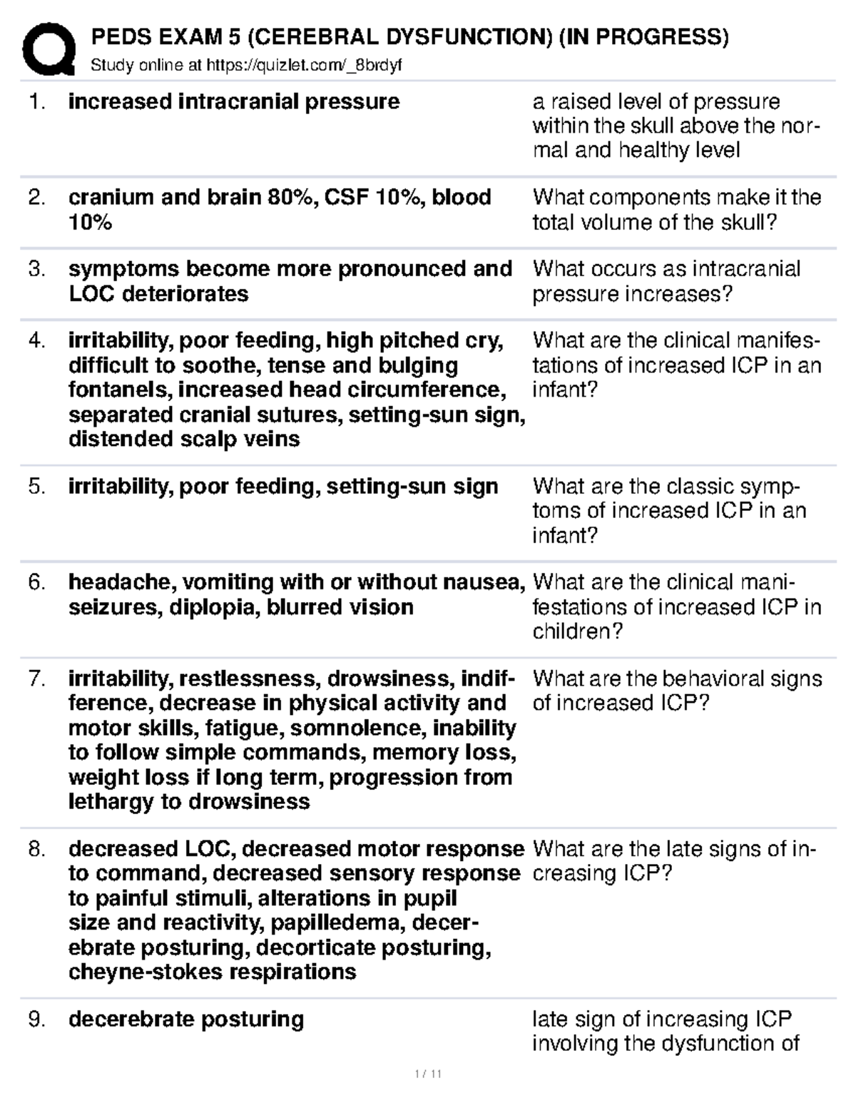 PEDS EXAM 5: CEREBRAL DYSFUNCTION STUDY NOTES - Studocu