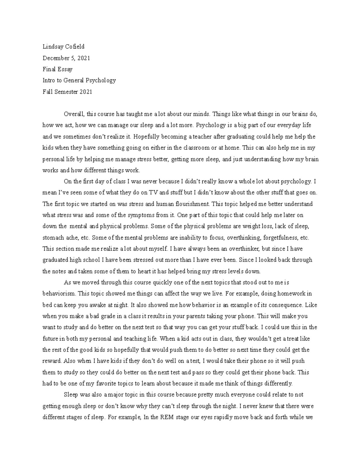 Final Essay: Reflections on Intro to General Psychology (PSY101) - Studocu