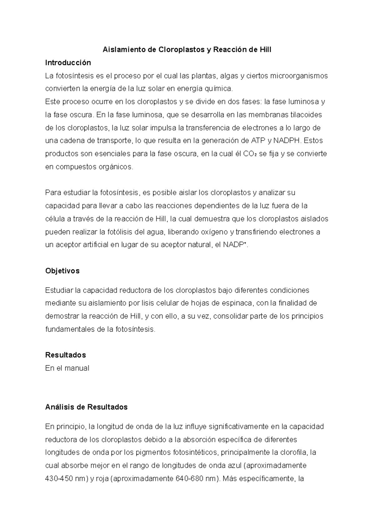 Aislamiento de Cloroplastos y Reacción de Hill - BQM Reporte 5 - Studocu