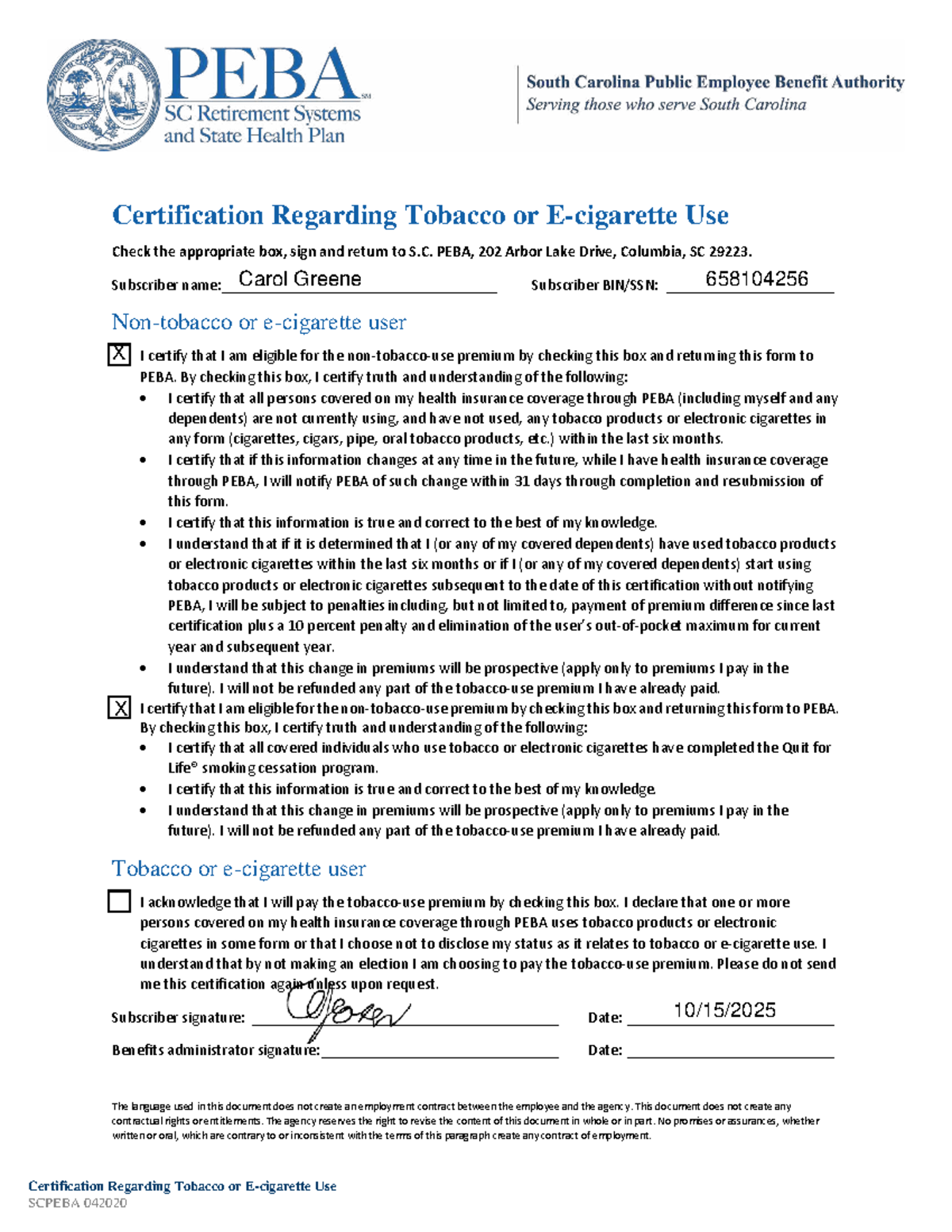 SCPEBA Tobacco Use Certification Form - 2025 - Studocu