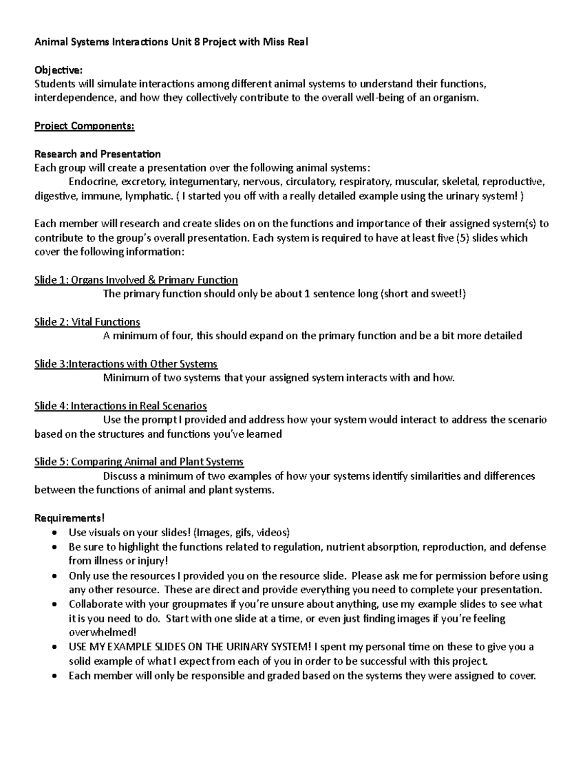 Animal Systems Interactions Unit 8 Major Project Guide - Studocu