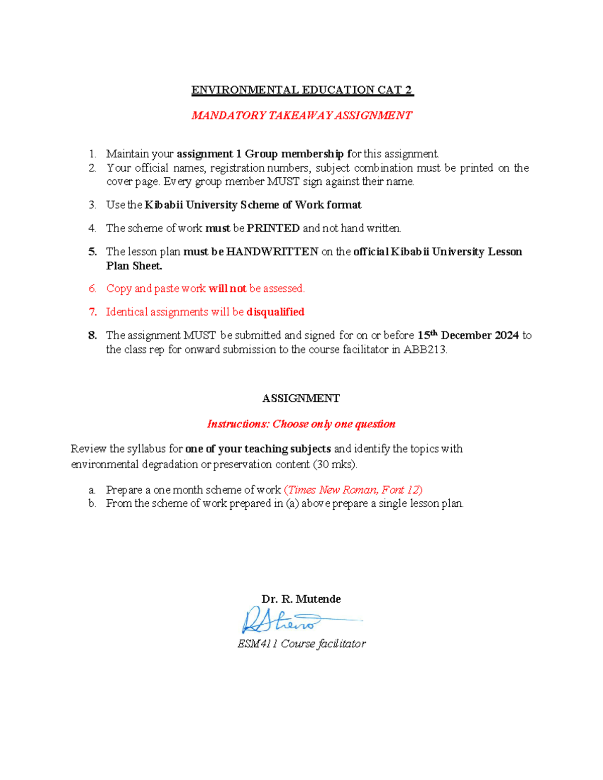 2024 ESM 411 Takeaway Group Assignment 2 - ENVIRONMENTAL EDUCATION CAT 2 MANDATORY TAKEAWAY ...