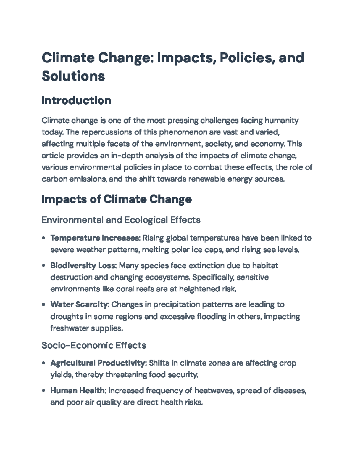 Climate Change: Impacts, Policies, and Renewable Energy Solutions ...