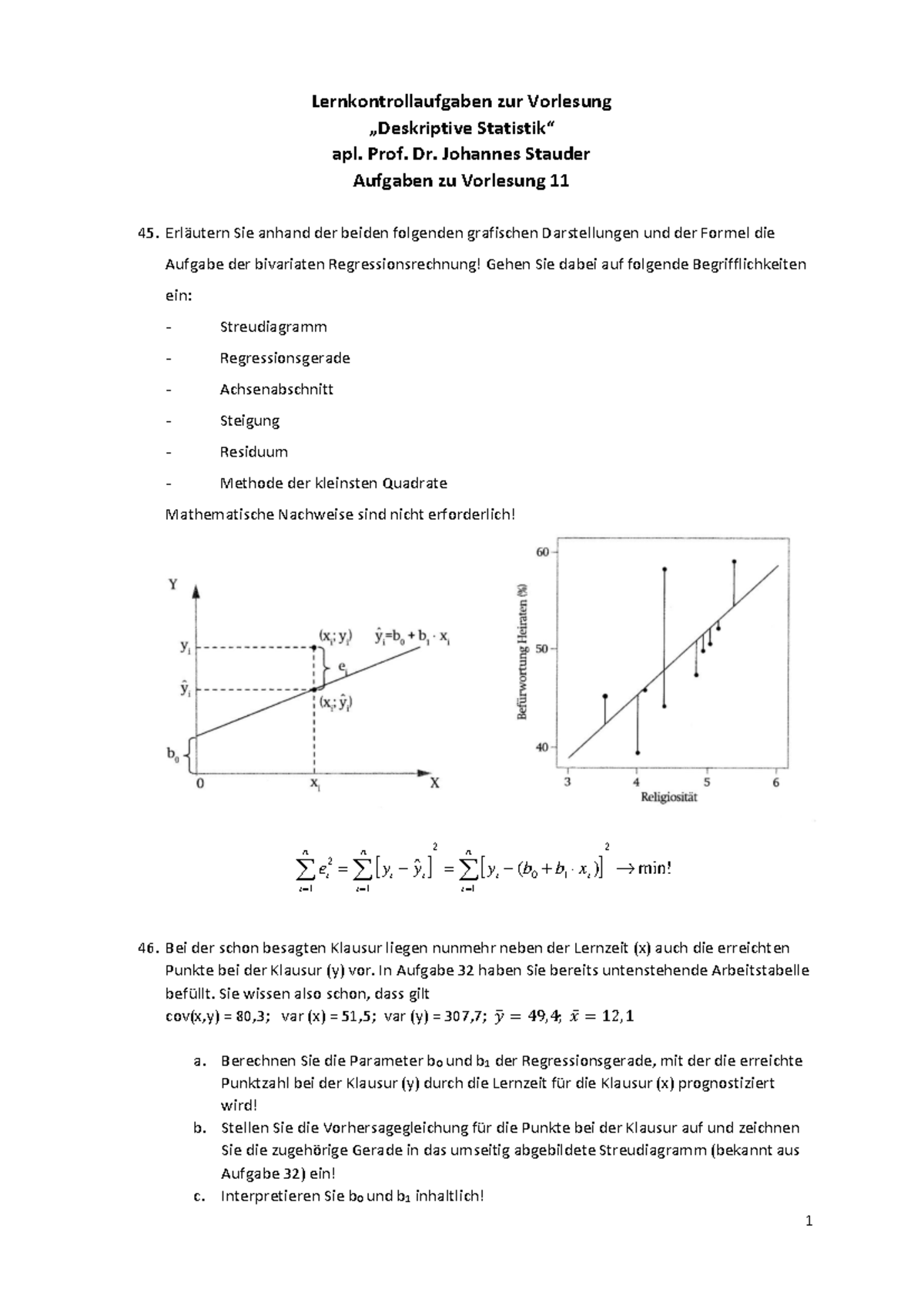 Lernkontrollaufgaben zur Vorlesung 11 - Bivariate Regression - Studocu