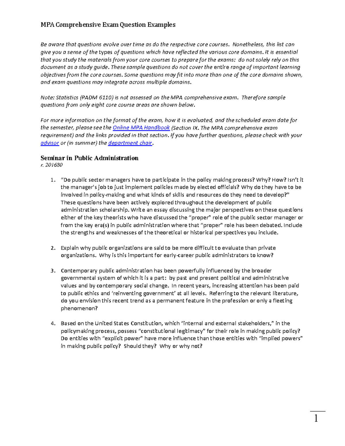 MPA Comprehensive Exam Sample Questions and Insights (r. 201680) - Studocu
