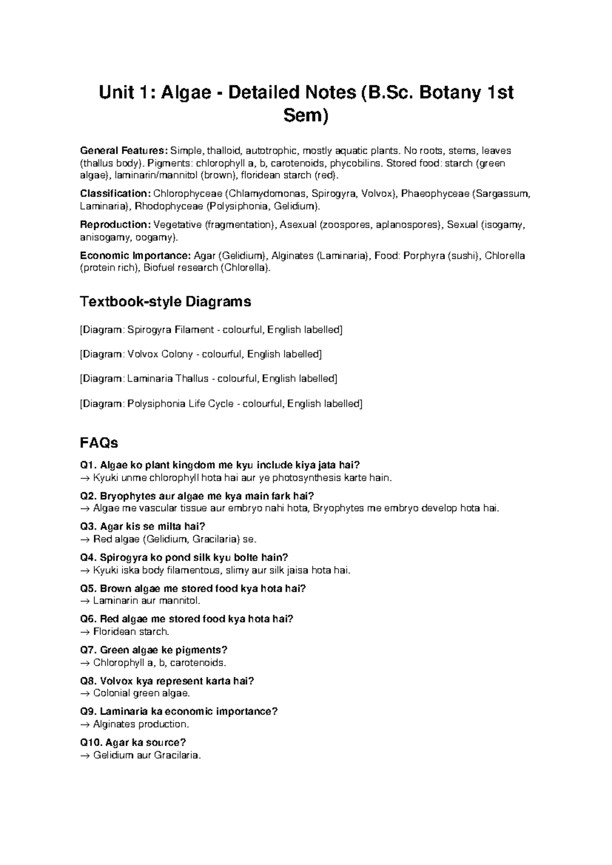 Unit 1 Algae Detailed Revision Notes B Sc Botany 1st Sem Studocu
