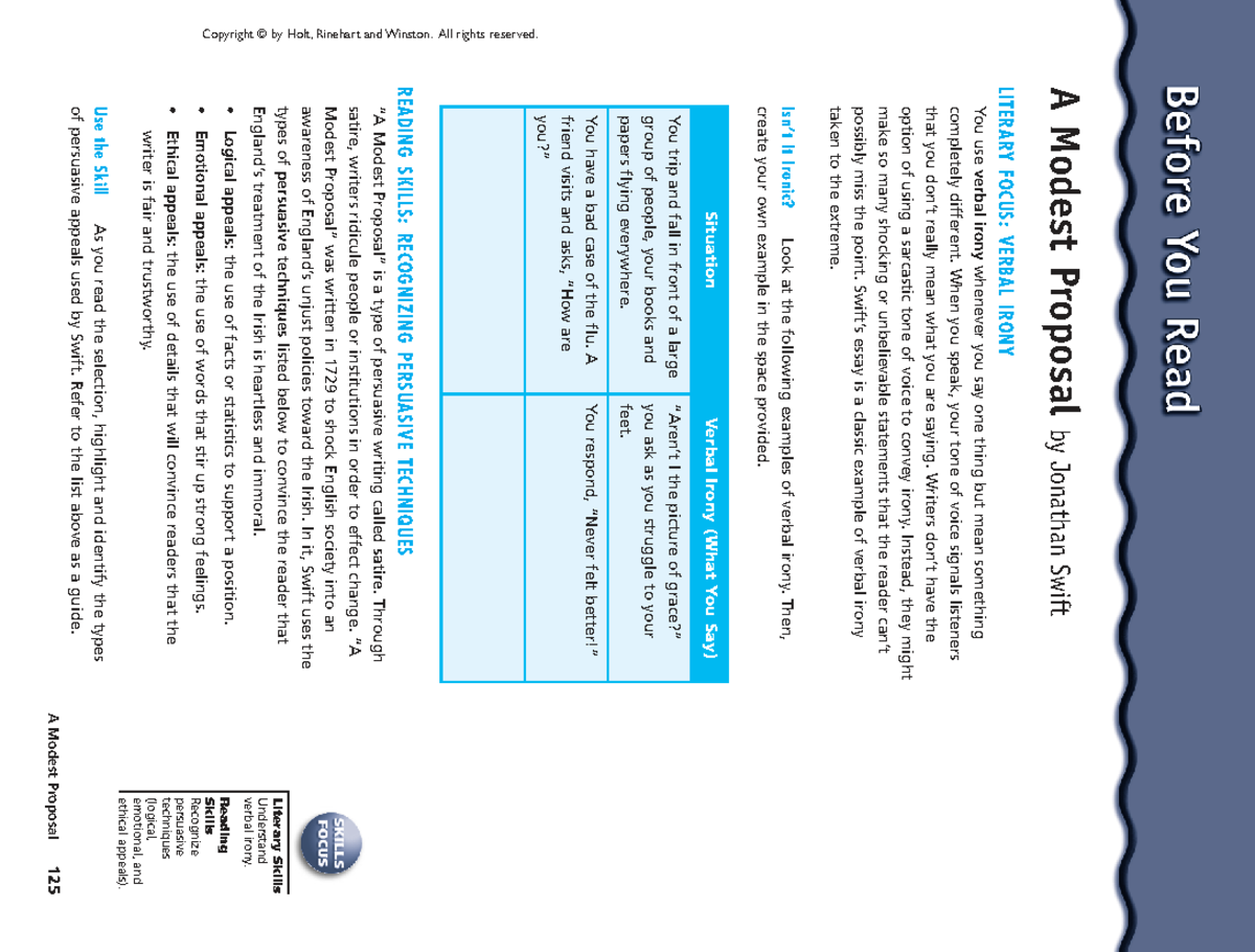 A Modest Proposal (LIT 101): Understanding Verbal Irony and Satire ...