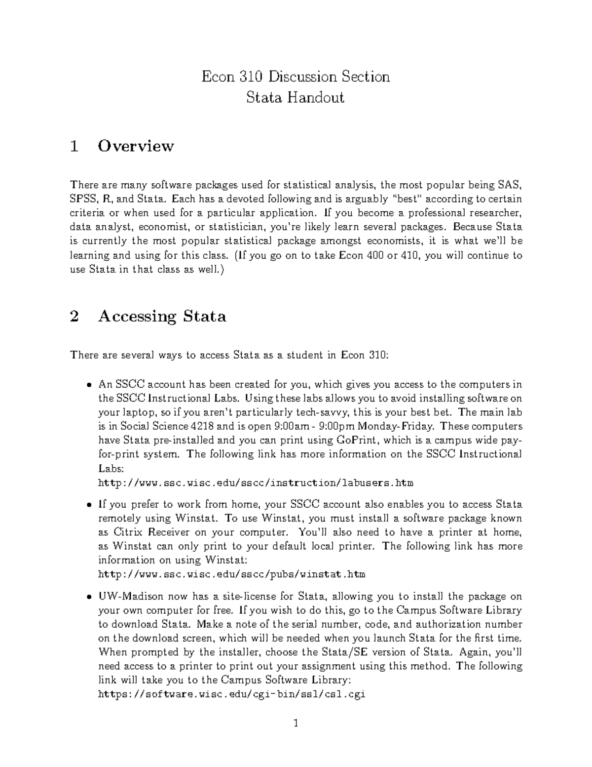 Econ 310 Discussion Section: Stata Handout 1 Overview and Guide - Studocu