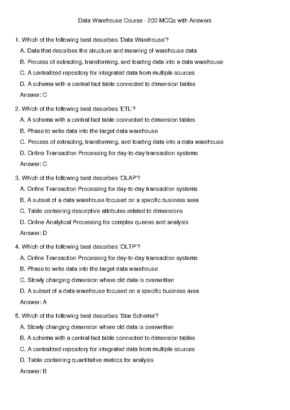 Data Warehouse Course: 200 MCQs with Answers for Exam Preparation - Studocu