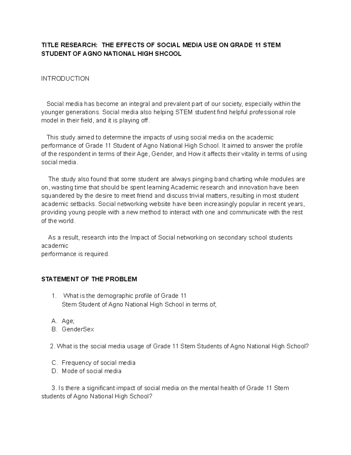 Effects of Social Media on Grade 11 STEM Students at Agno National High ...