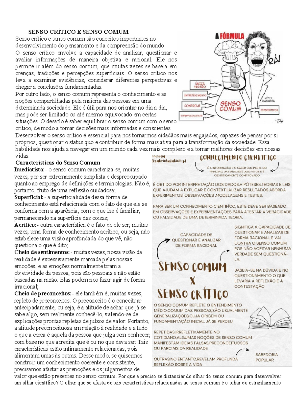 AULA 1ANOS - Senso Crítico vs Senso Comum: Reflexões e Exercícios - Studocu