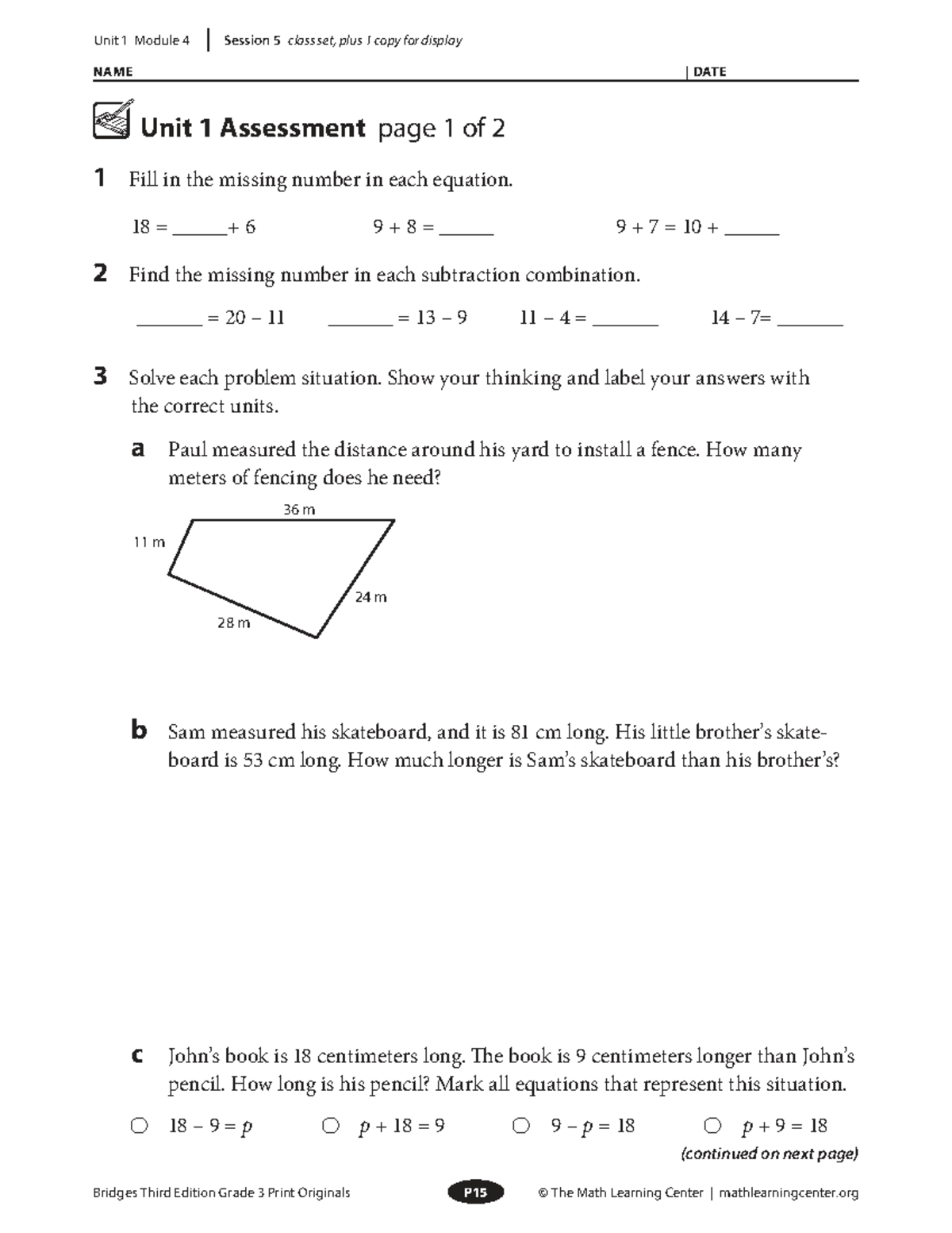 Unit 1 Assessment - Grade 3 Math - Bridges 3rd Ed. - Studocu