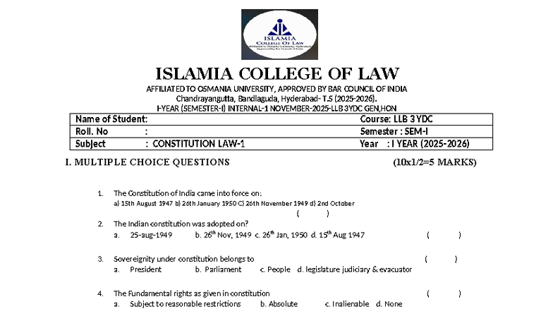 LLB 3 YDC I Year - Constitution Law MCQs for Semester 1 - Studocu