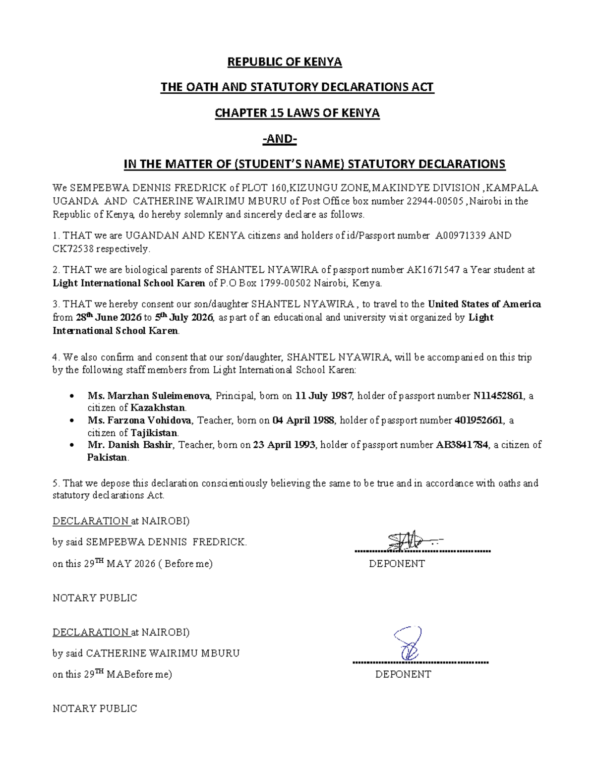 Affidavit for Travel Consent - Statutory Declarations Act, Kenya - Studocu