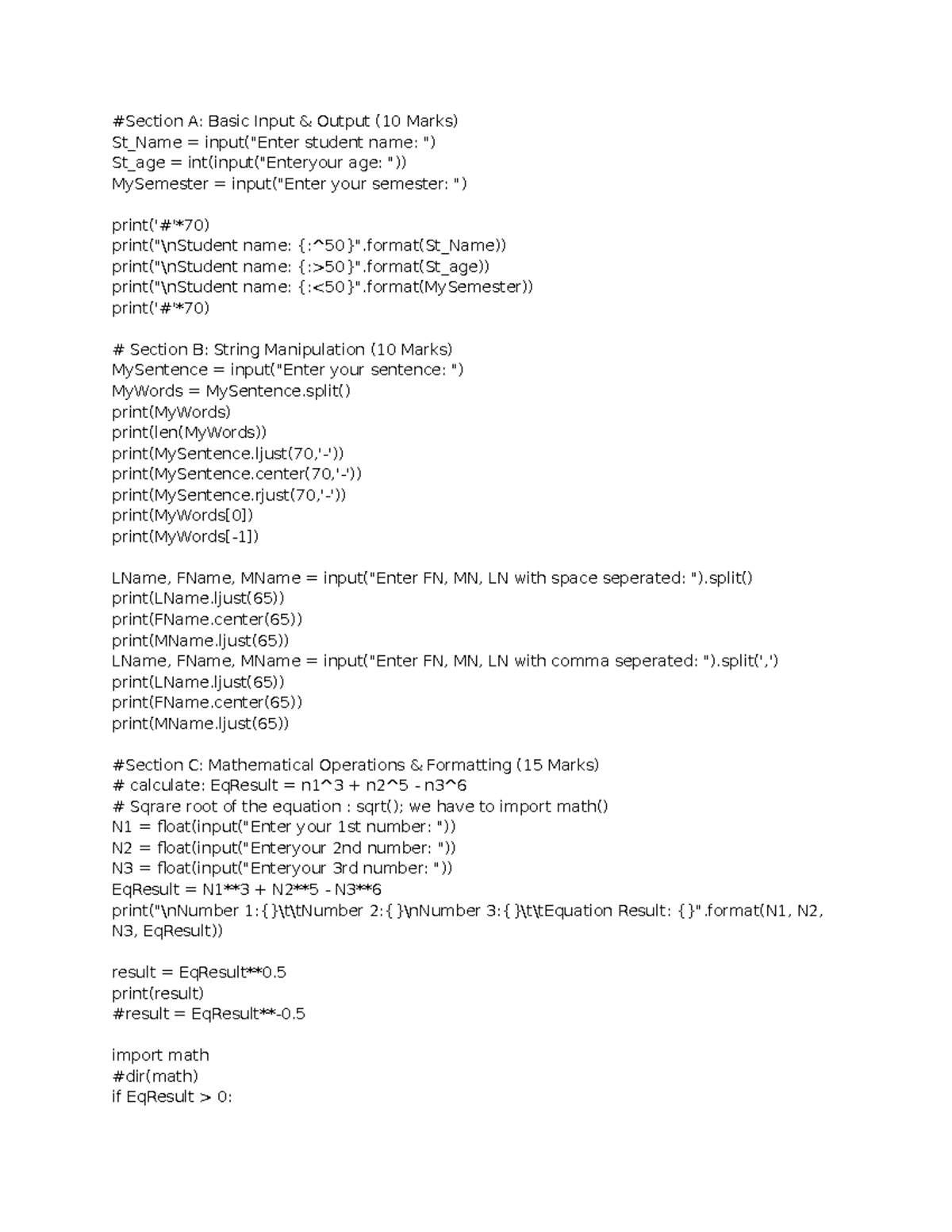 A: Basic Input Output, String Manipulation & Math Ops (30 Marks) - Studocu