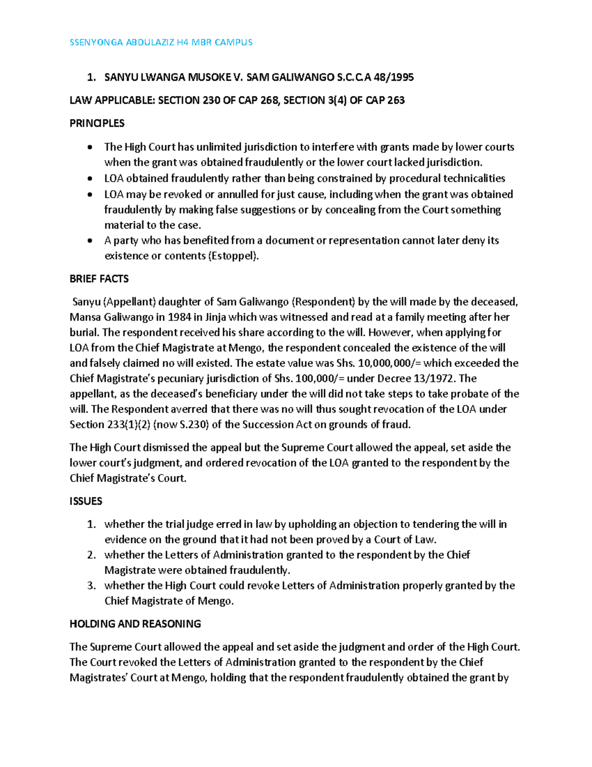 SSENYONGA ABDULAZIZ H4 MBR CAMPUS: Summary of Key Legal Cases on ...