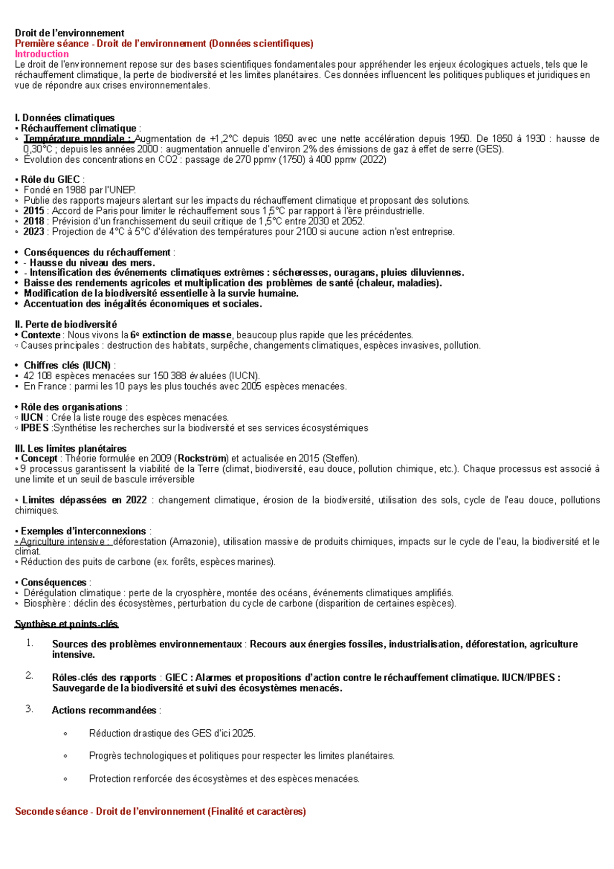 Fiche de Révision : Droit de l'Environnement (Données Scientifiques ...