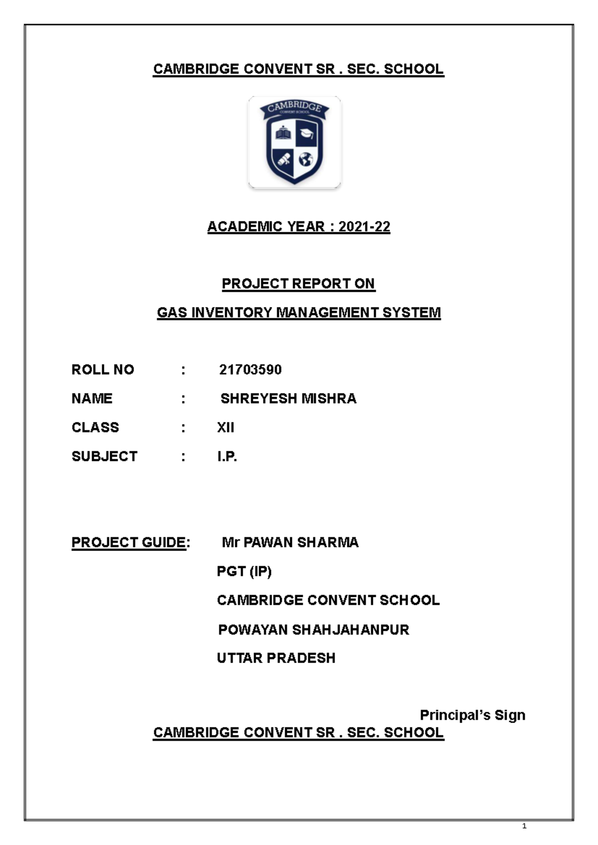 CAMBRIDGE CONVENT SCHOOL XII I.P. PROJECT REPORT ON GAS MANAGEMENT ...
