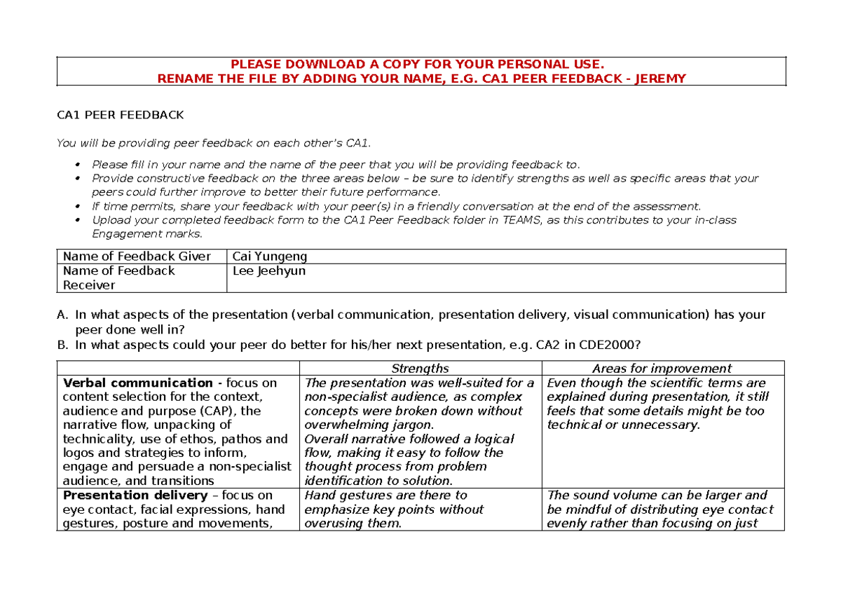 CA1 Peer Feedback Guidelines and Evaluation Criteria - Studocu