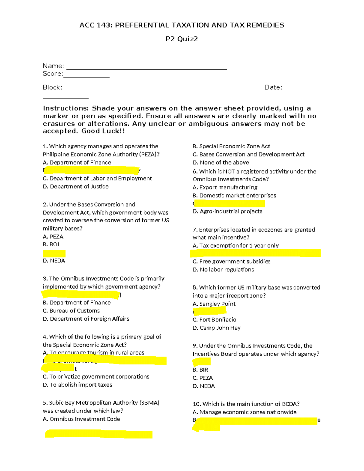 ACC 143: Preferential Taxation & Remedies P2 Quiz 2 Guide - Studocu