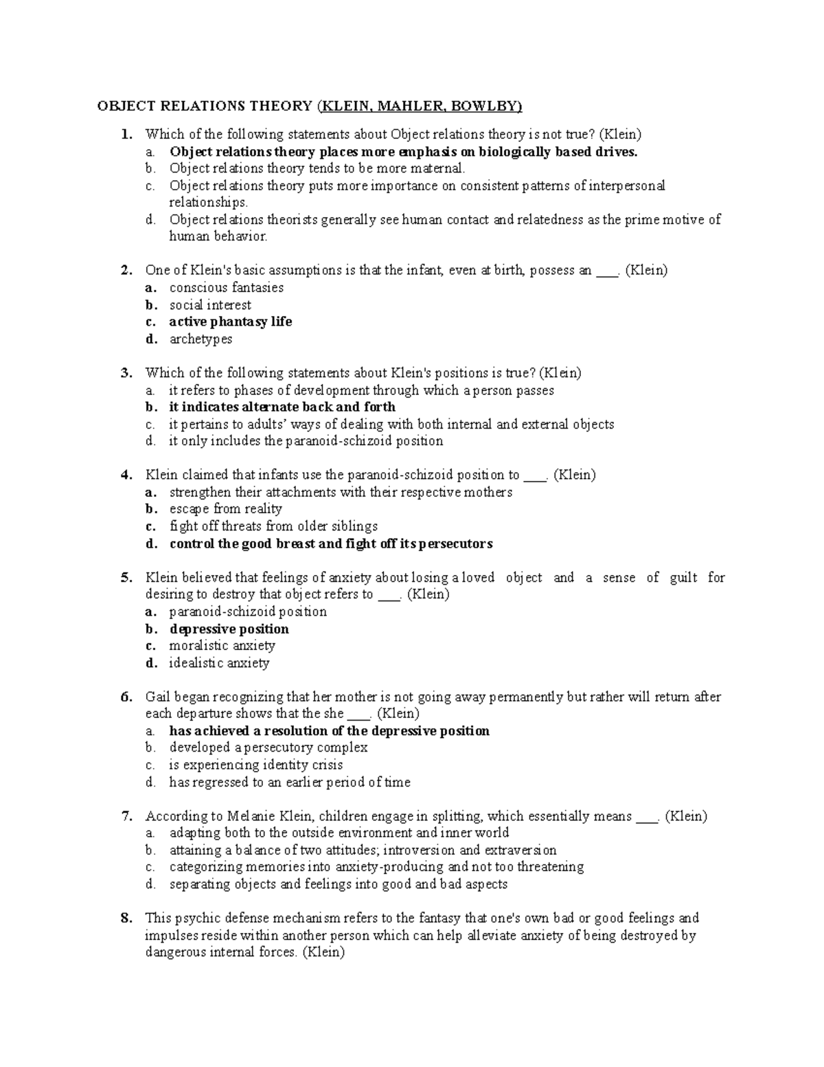 Object Relations Theory: Test Questions (Klein, Mahler, Bowlby) - Studocu