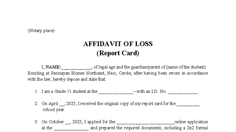 AFFIDAVIT OF LOSS: Report Card for Grade 11 Student - Studocu
